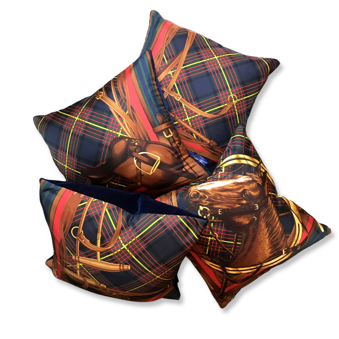 RALPH LAUREN Equestrian Horse Tartan Vintage Silk Scarf Pillows ...