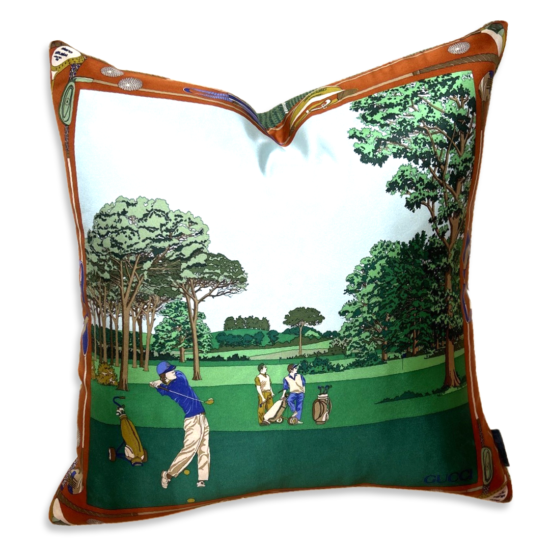GUCCI Tee Time Golfer Vintage Silk Scarf Pillow 22" decorative pillow ...